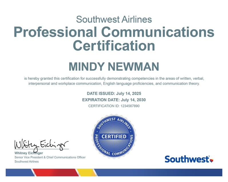 Southwest Airlines Professional Communications Certification Employee Offer